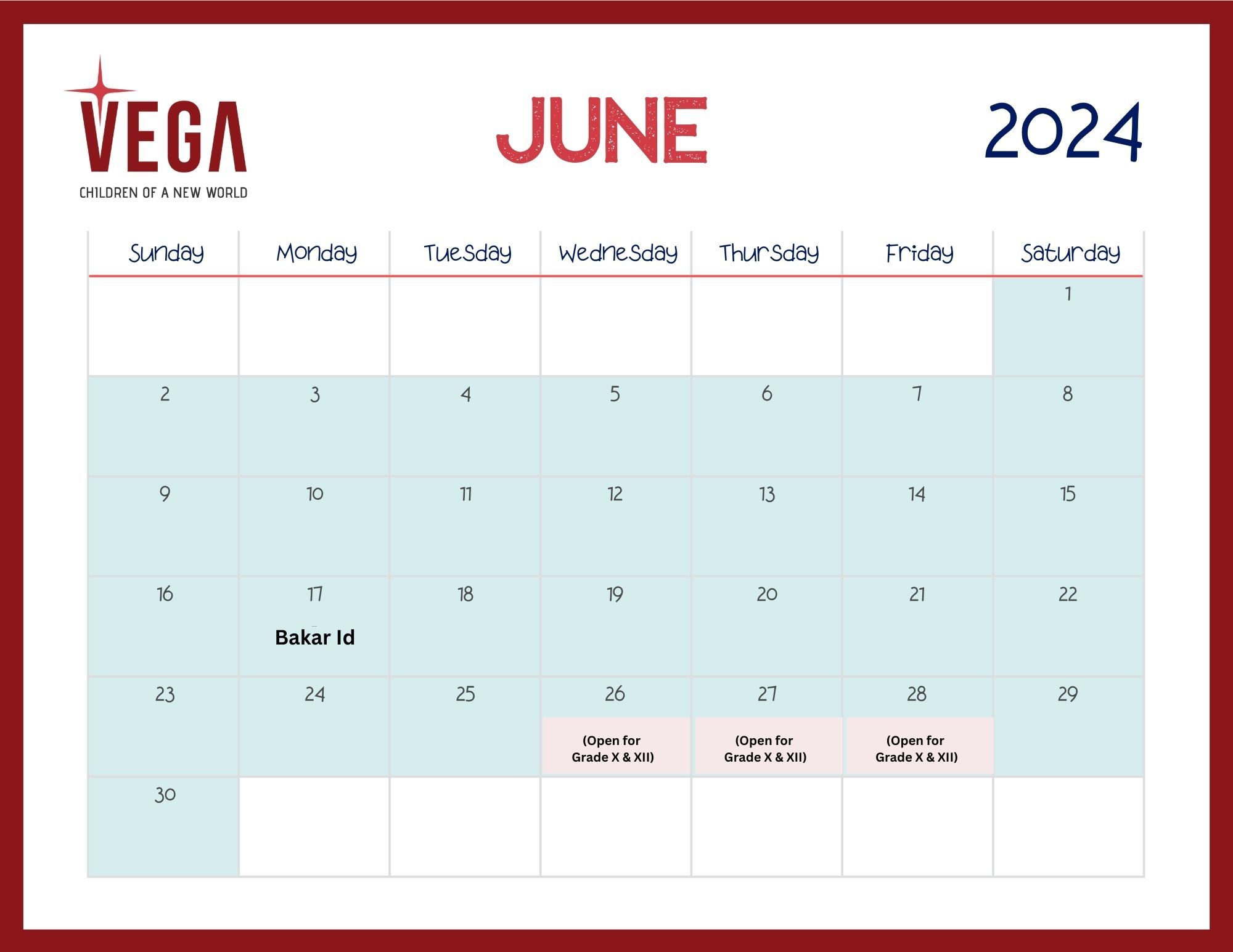 Sector 76 Academic Calendar | Vega Schools